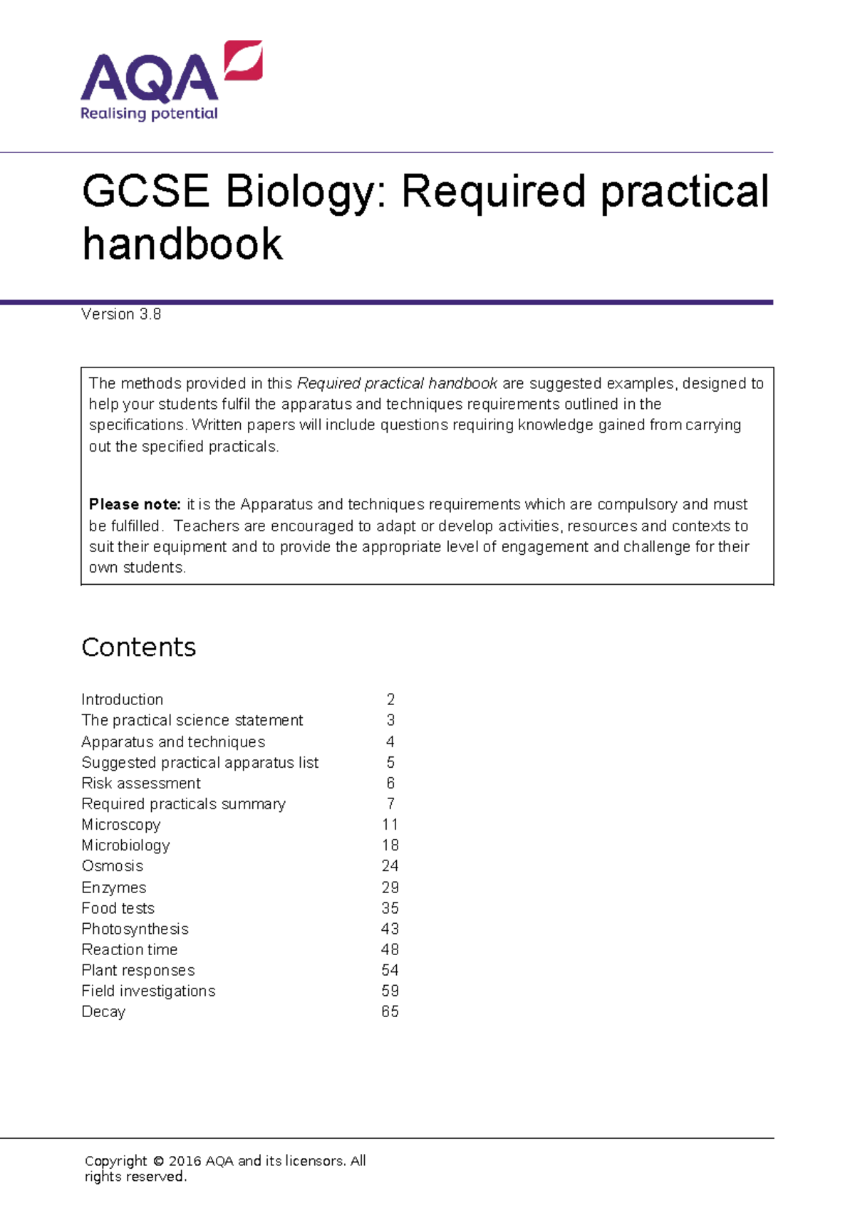 AQA GCSE Biology 8461 Required Practicals Handbook Version 3 - Studocu