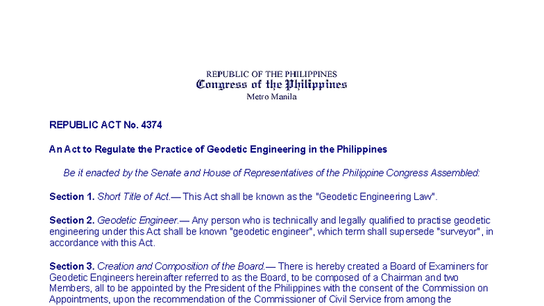 Republic Act No. 4374: Regulating Geodetic Engineering in the ...