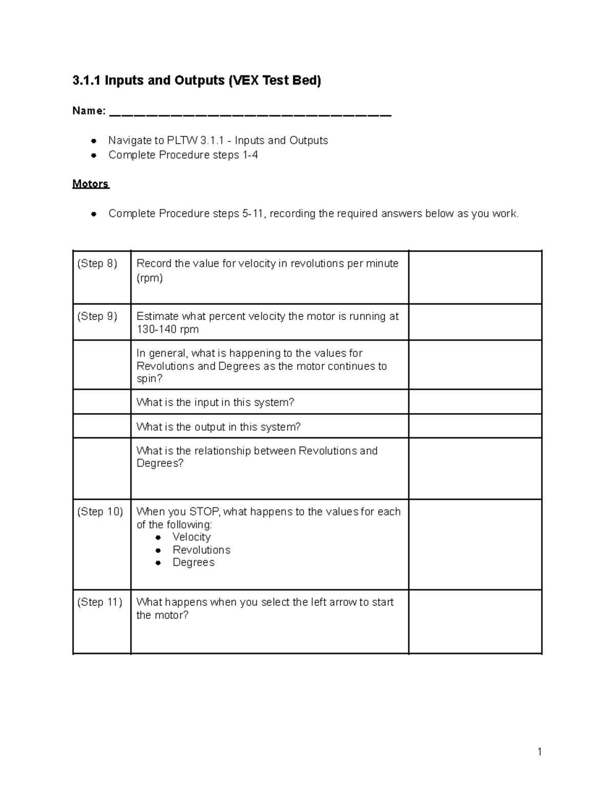 PLTW 3.1 Inputs and Outputs: VEX Test Bed Procedure Guide - Studocu