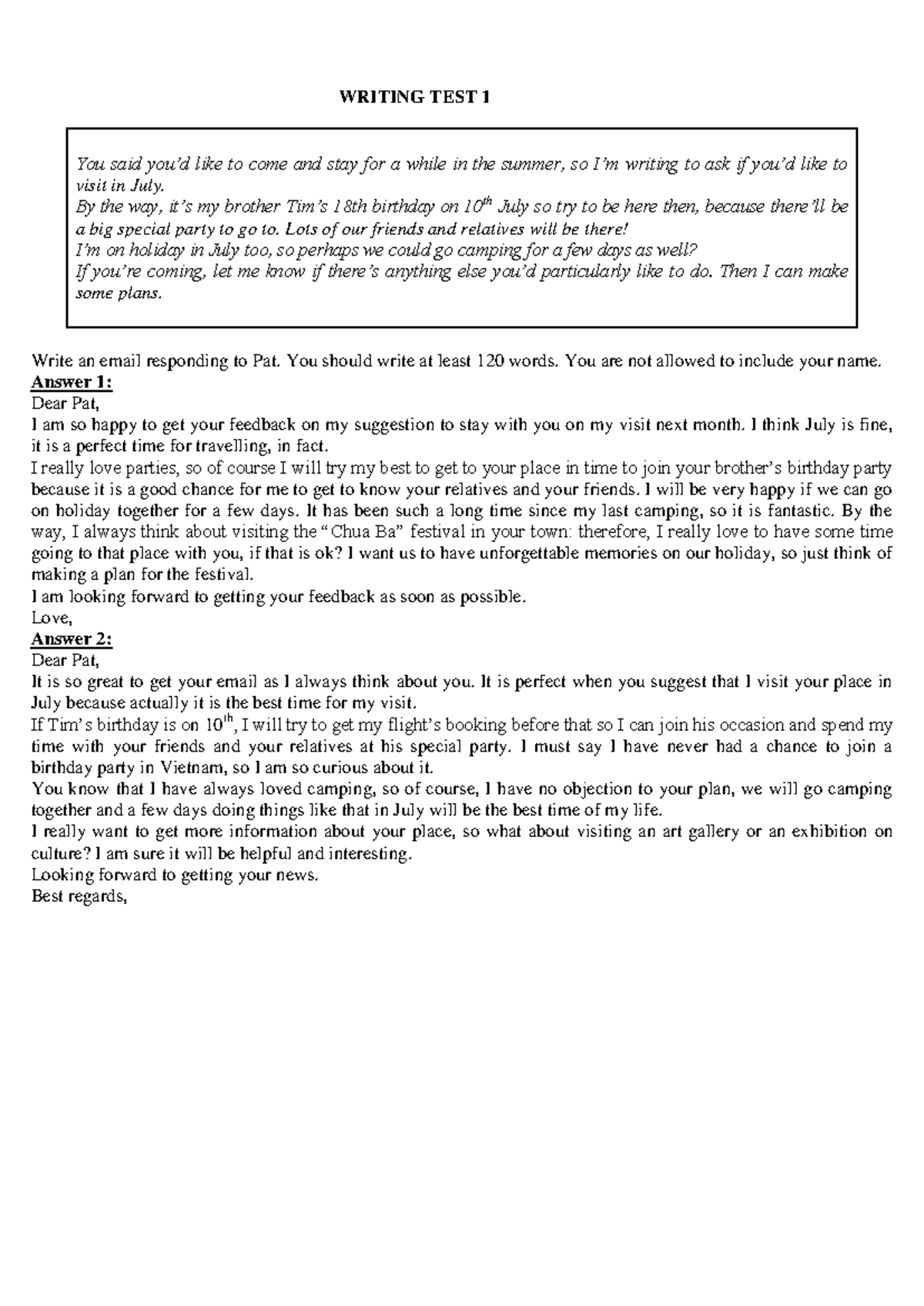 **Writing Test 1-30 Email Responses: Sample Answers and Suggestions ...