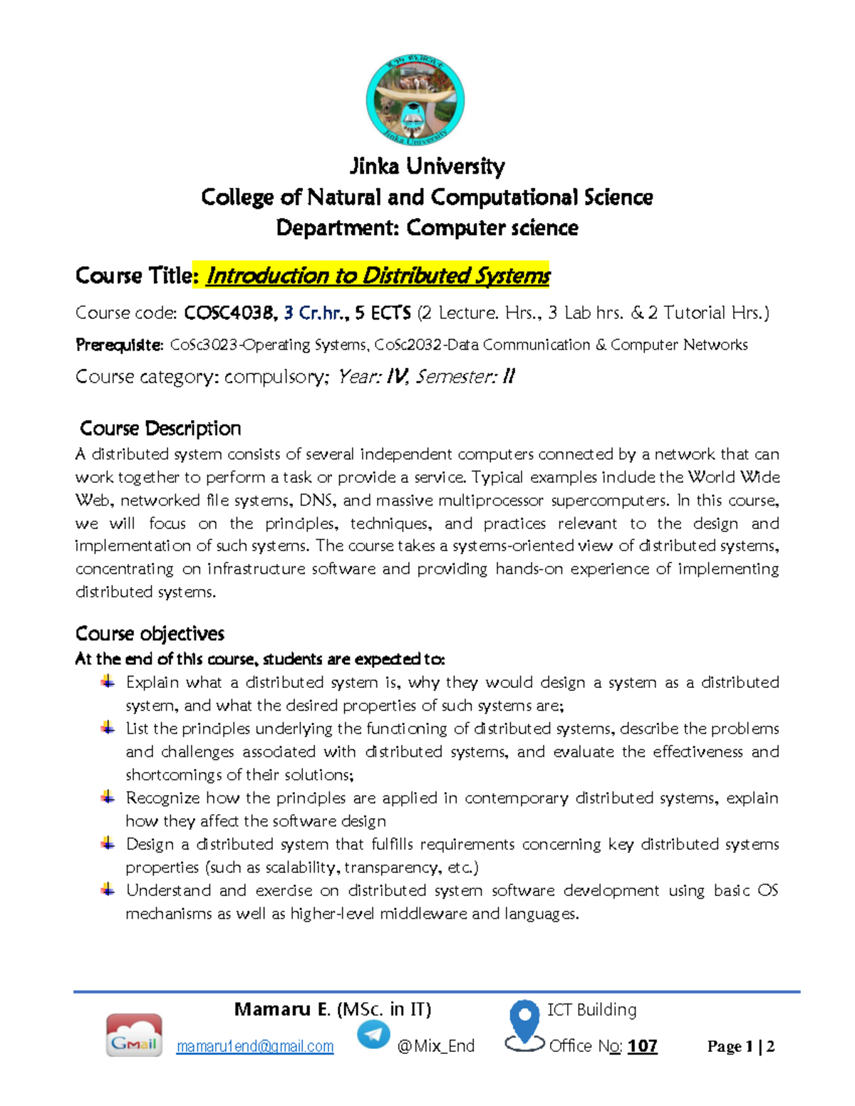 COSC4038: Course Outline for Introduction to Distributed Systems - Studocu