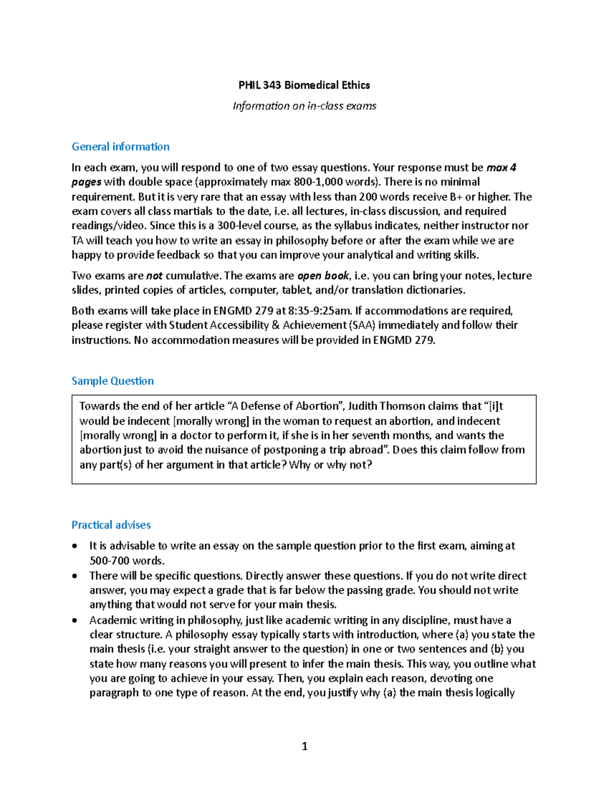 PHIL 343 Biomedical Ethics Exam Info & Essay Guidelines - Studocu