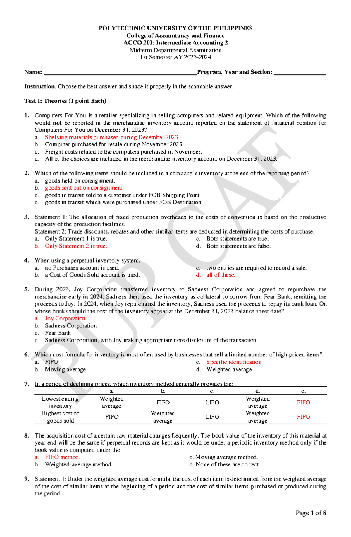 Midterm Examination Answer Key for ACCO-201 Int. Acct. 2 (1st Sem AY ...