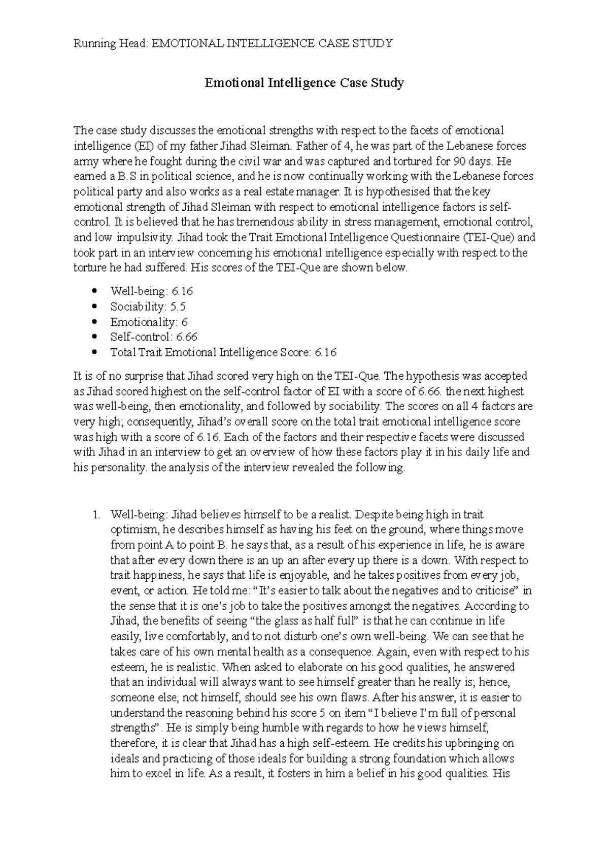 EI Case Study: Exploring Jihad Sleiman's Emotional Intelligence Factors - Studocu