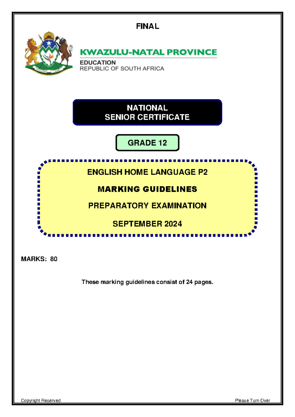 English HL P2 September 2024 Grade 12 Final Exam Marking Guidelines ...