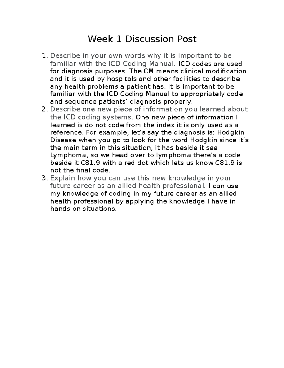 ICD Coding Importance: Week 1 Discussion Post Insights - Studocu