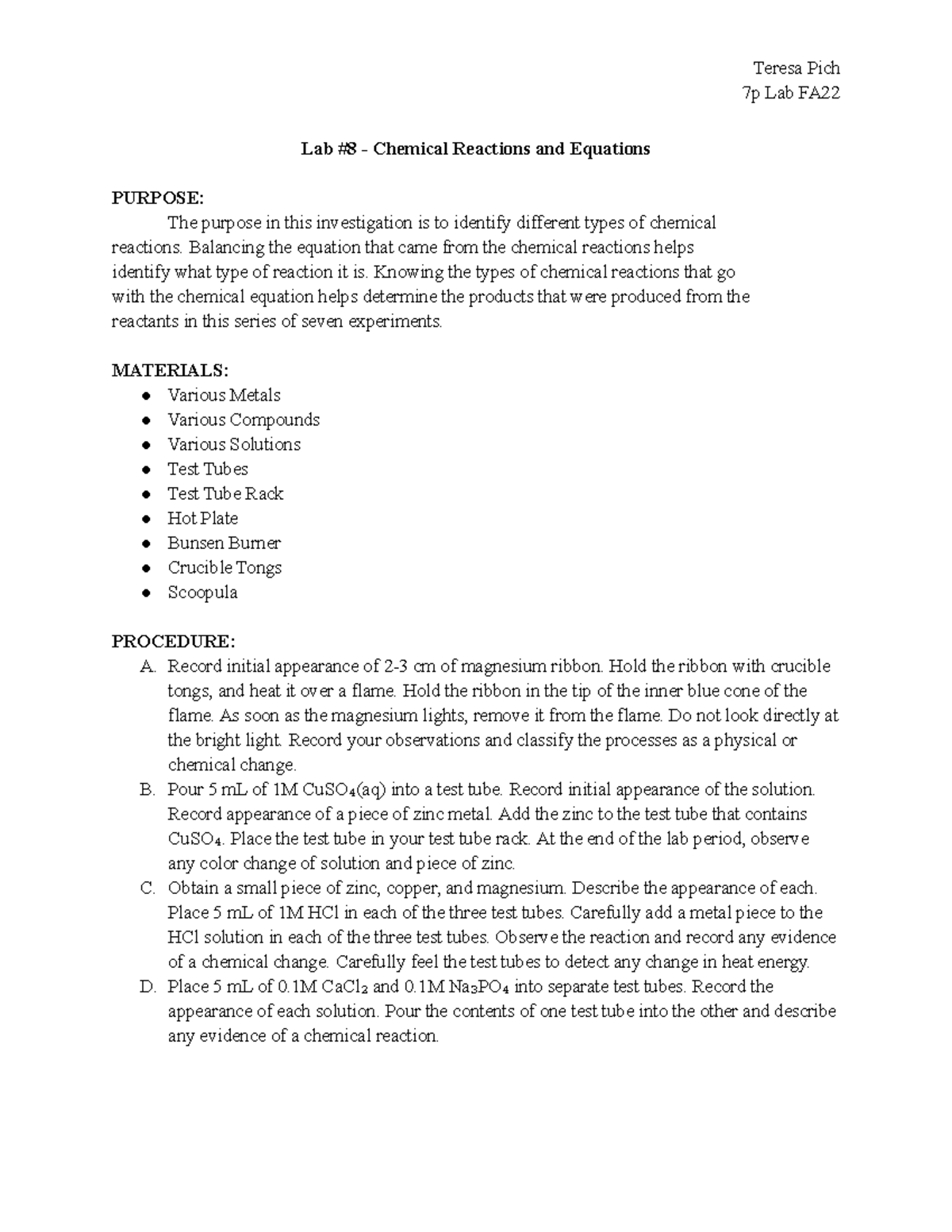 Lab #8: Exploring Chemical Reactions and Their Equations Analysis - Studocu