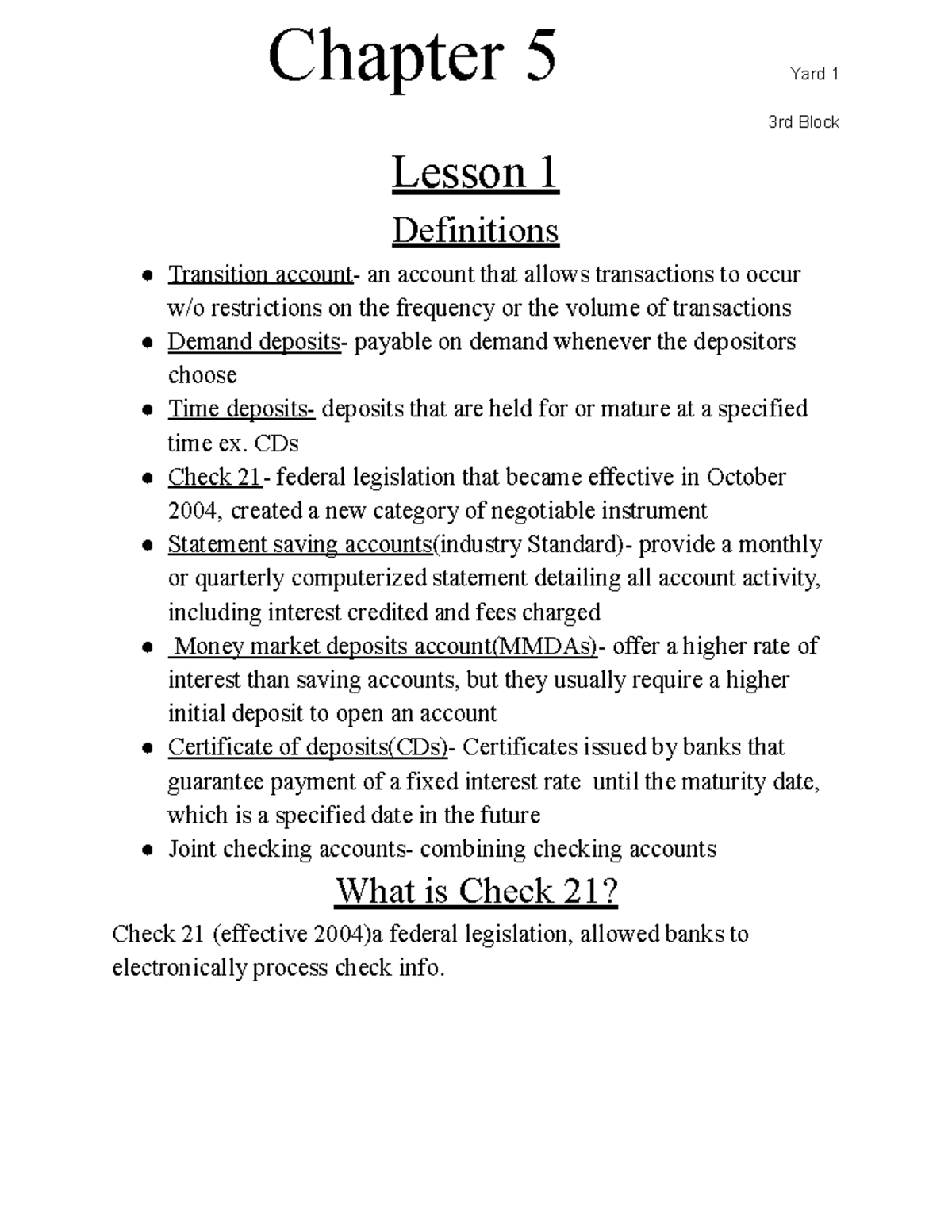 Chapter 5 Banking - notes - 3rd Block Lesson 1 Definitions Transition ...