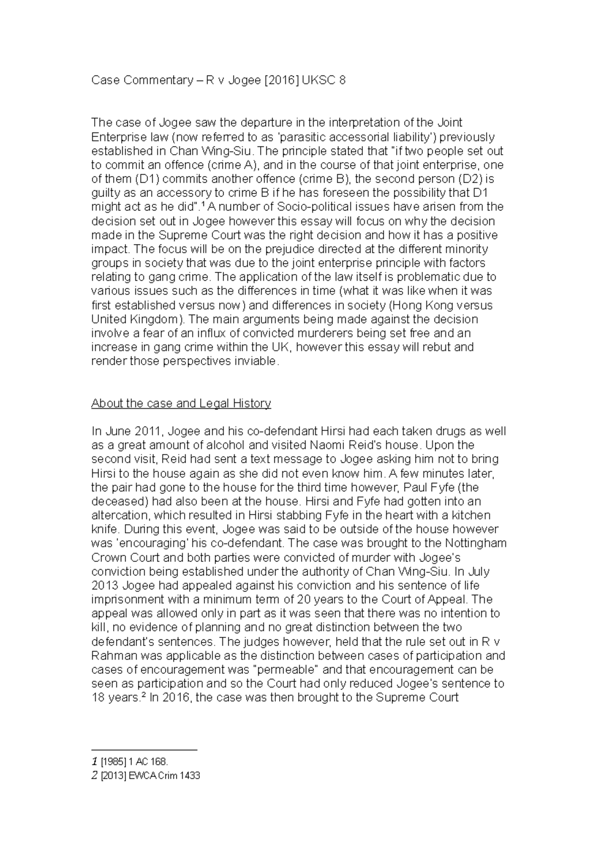 Case Study - R v Jogee: Examining Changes in Joint Enterprise Law - Studocu