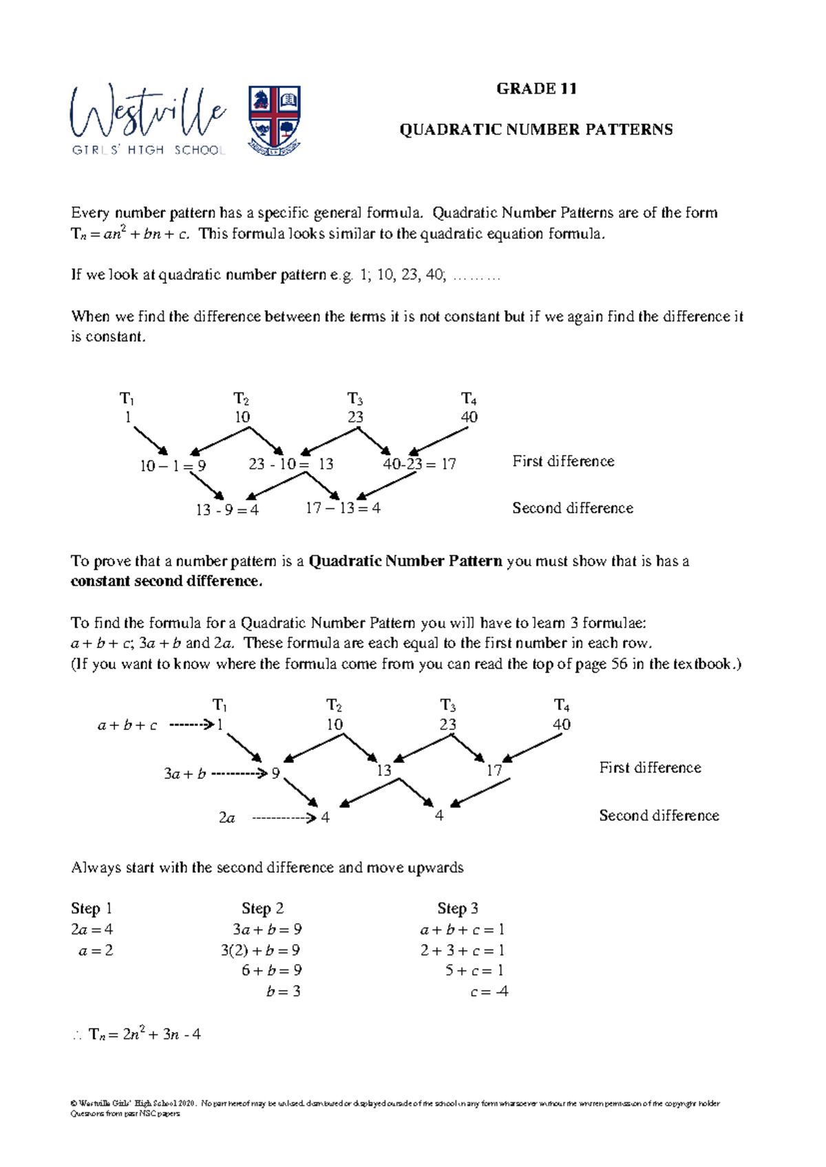 Grade 11 Quadratic Number Patterns Study Notes Exam Questions Studocu