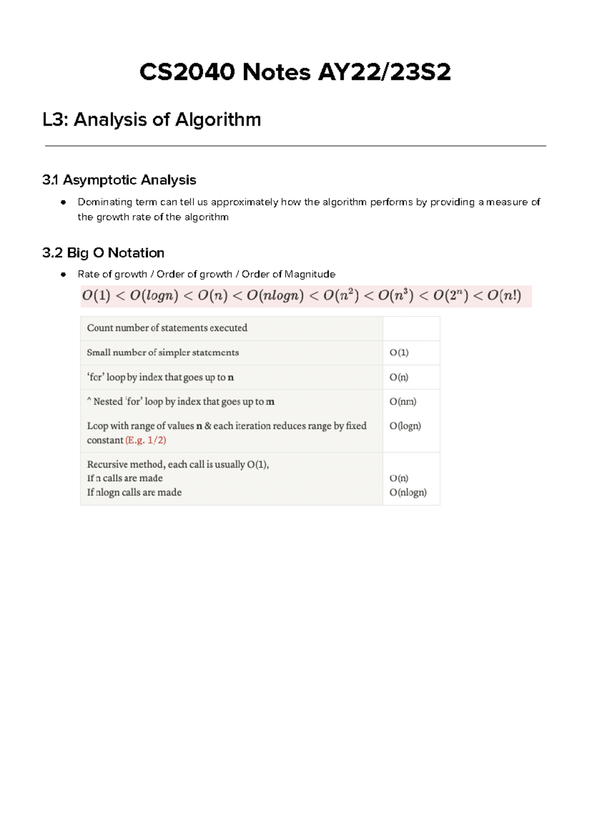 CS2040 Notes AY22/23S - Comprehensive Algorithm Analysis Summary - Studocu