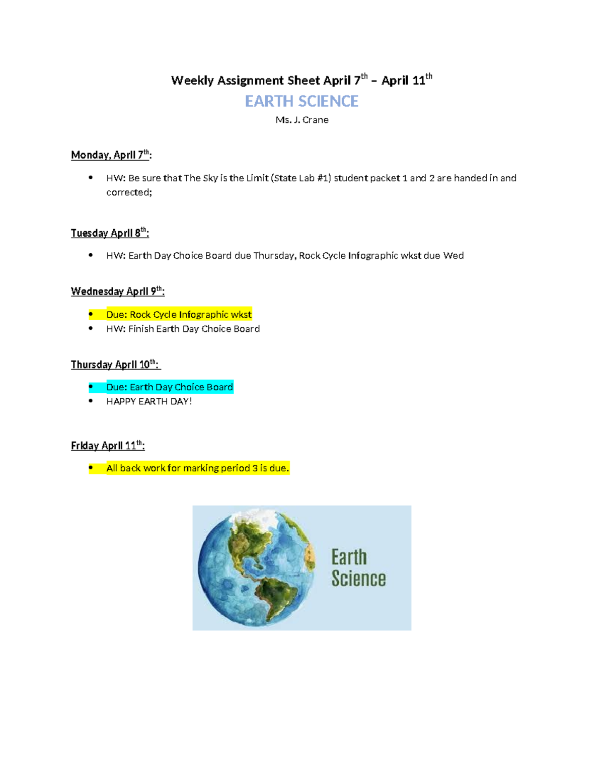 Earth Science WAS April 7-April 11 - Weekly Assignment Sheet April 7 th ...