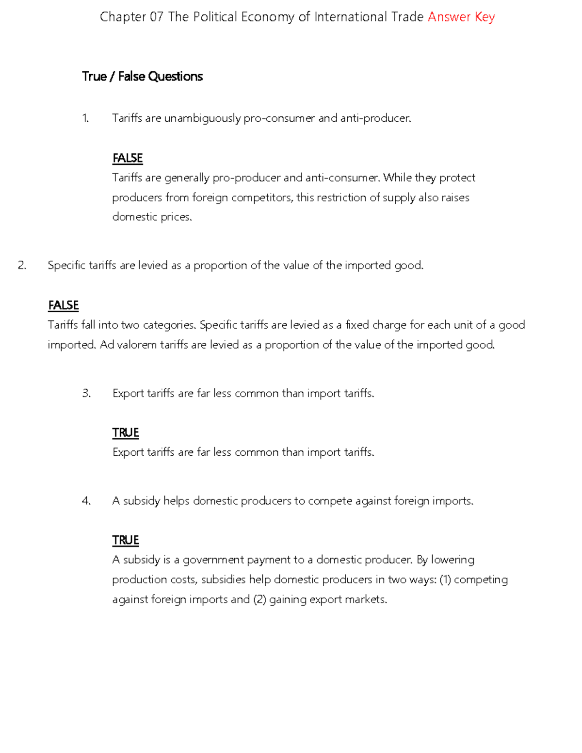 IB Testbank Chapter 07: Political Economy of International Trade ...