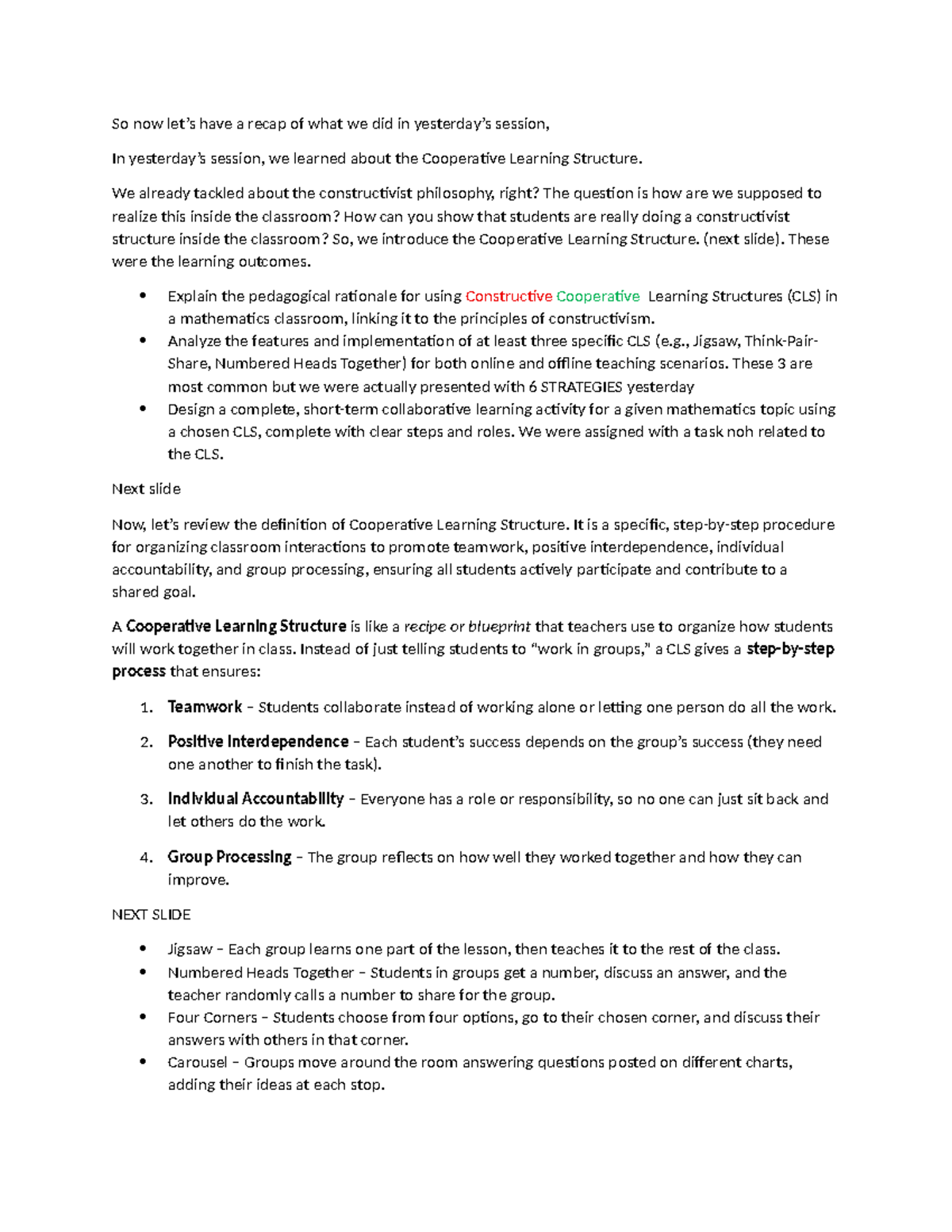 Recap of Cooperative Learning Structures (CLS) in Math Class - Studocu