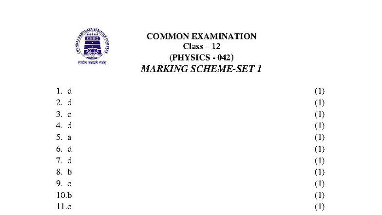 Class 12 Physics (042) Common Examination Marking Scheme - SET 1 - Studocu