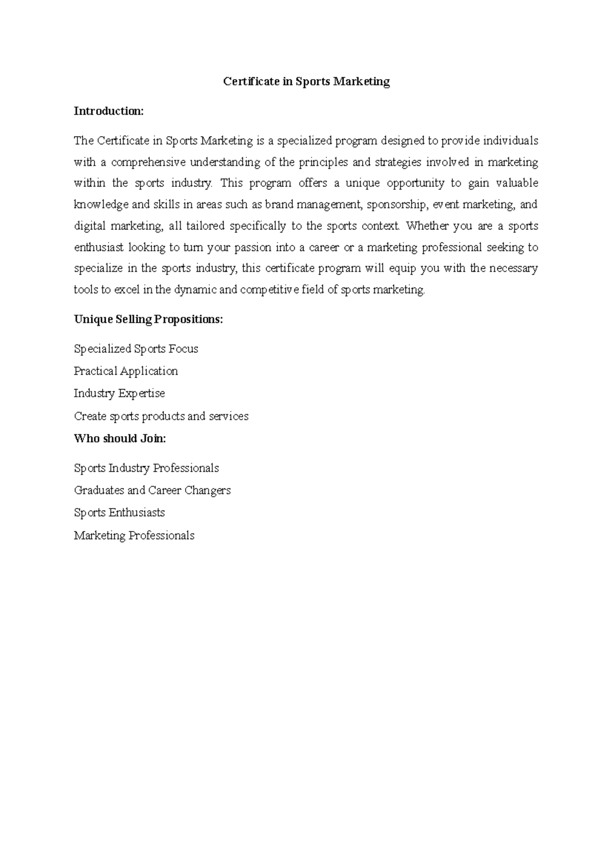 Certificate in Sports Marketing: Overview & Unique Features - Studocu