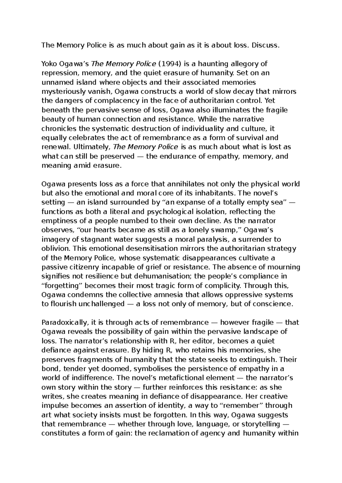 Memory Police (1994) Sample Essay: Exploring Gain and Loss - Studocu