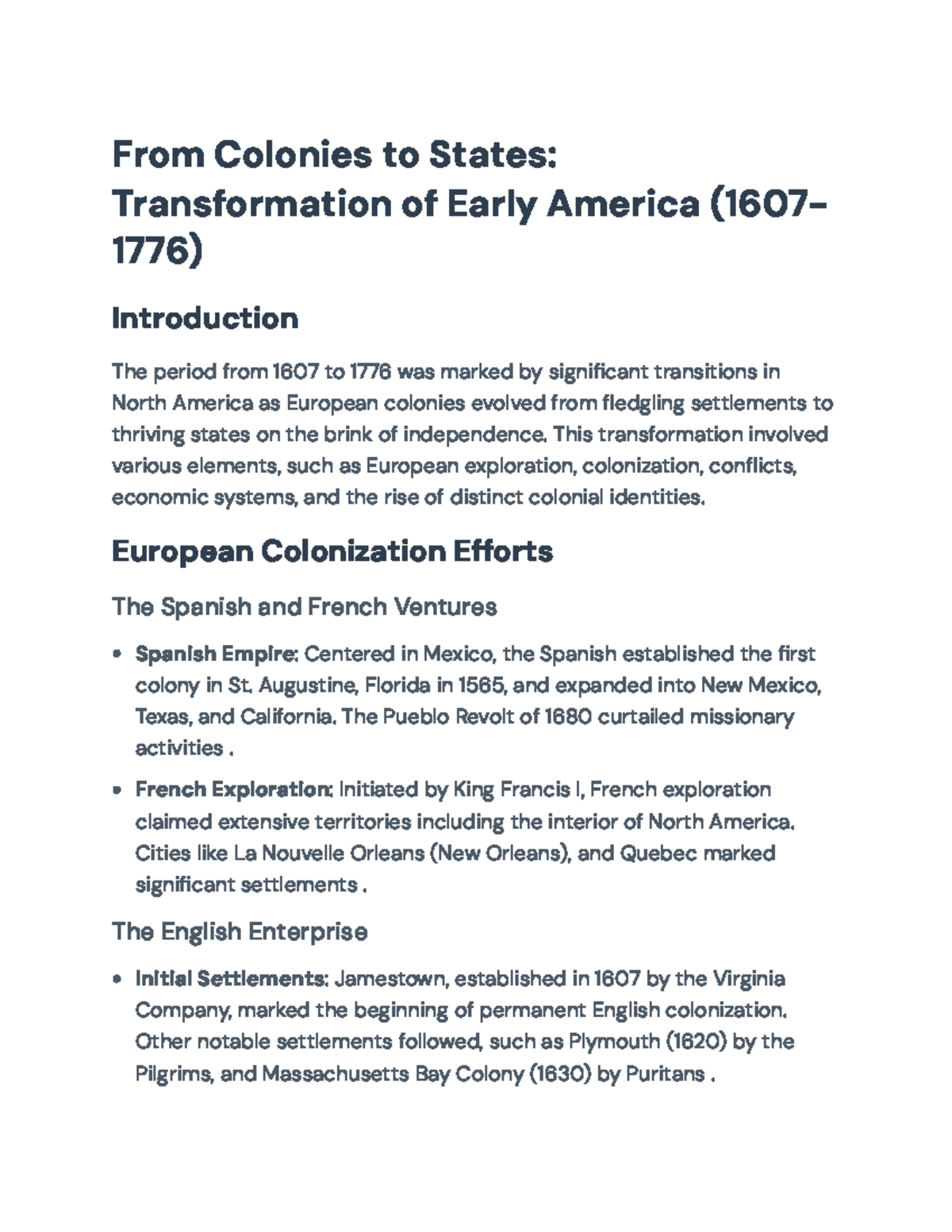 From Colonies to States: Early America's Transformation (1607-1776 ...