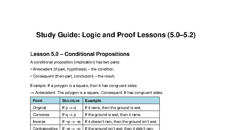 Logic Study Guide - Nothing - Study Guide: Logic and Proof Lessons (5–5 ...