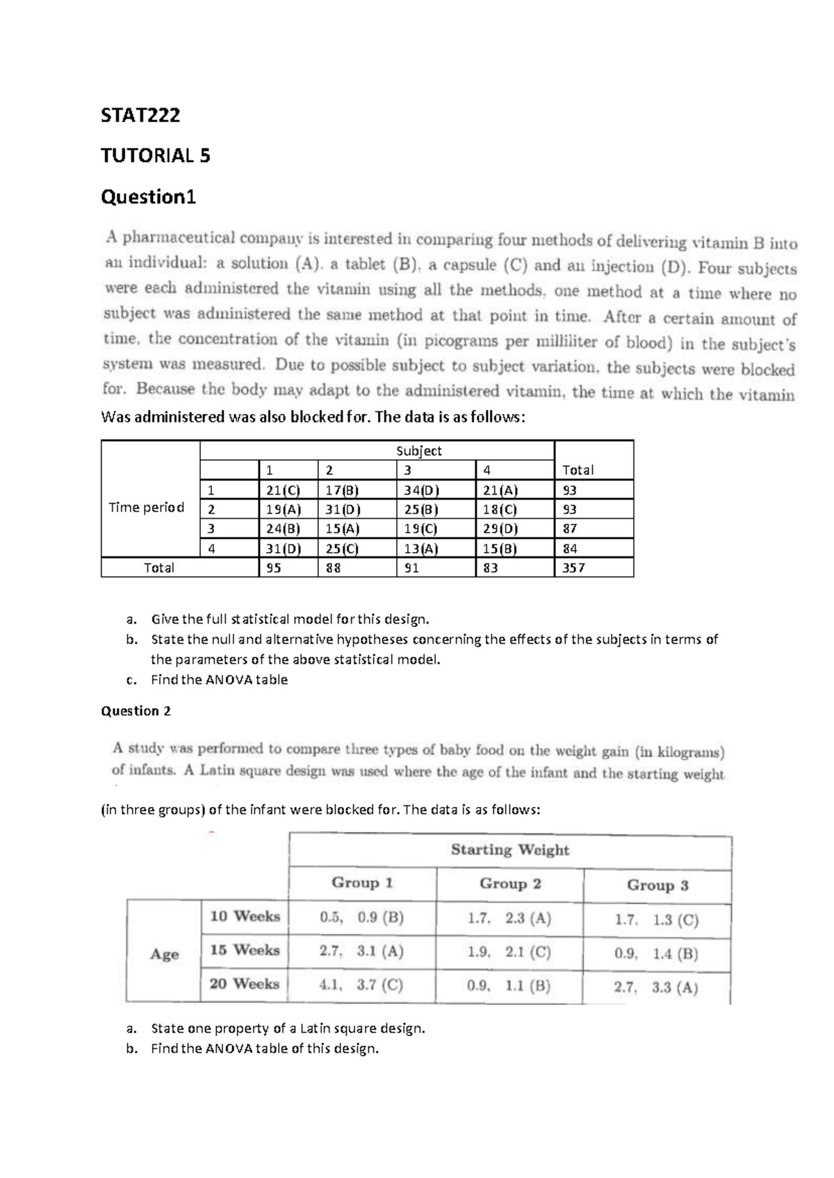 STAT222 Tutorial 5: ANOVA Analysis and Latin Square Design - Studocu