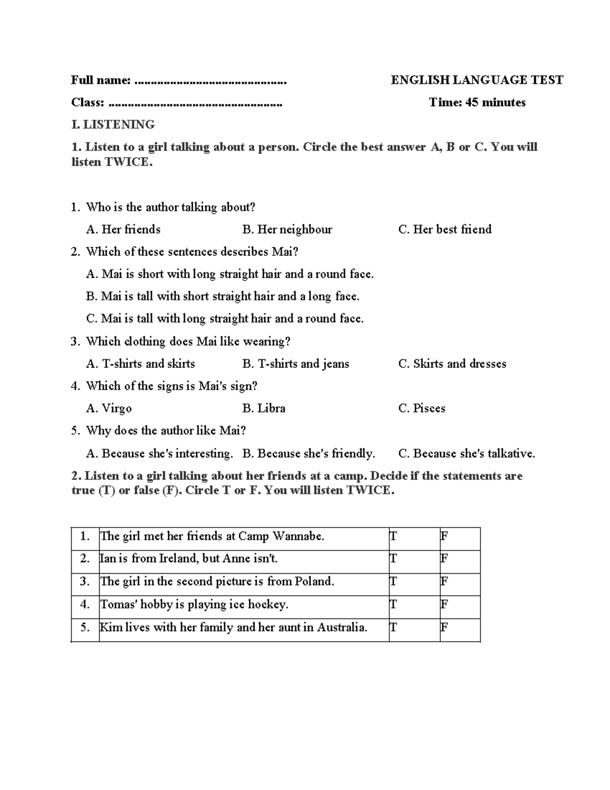 KTRA UNIT 3-4 LAN 3: English Language Listening & Reading Practice ...