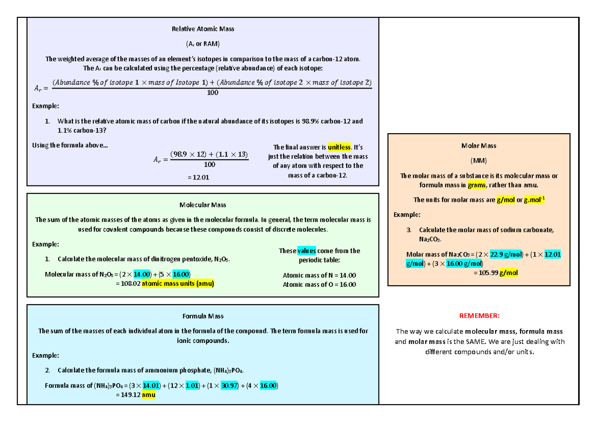 Chem formula sheet - Relative Atomic Mass (Ar or RAM) The weighted ...