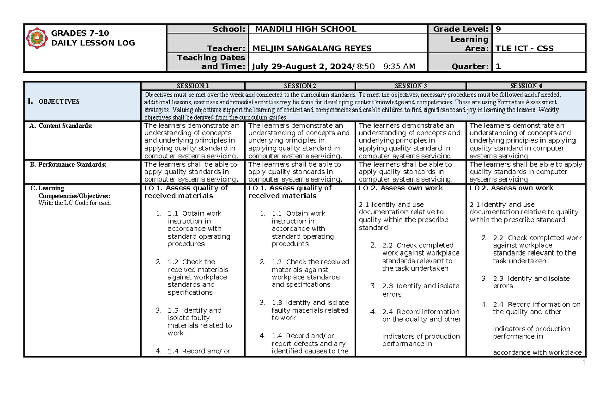 Grade 9 DLL: ICT-CSS Daily Lesson Plan for Week 1 - Studocu