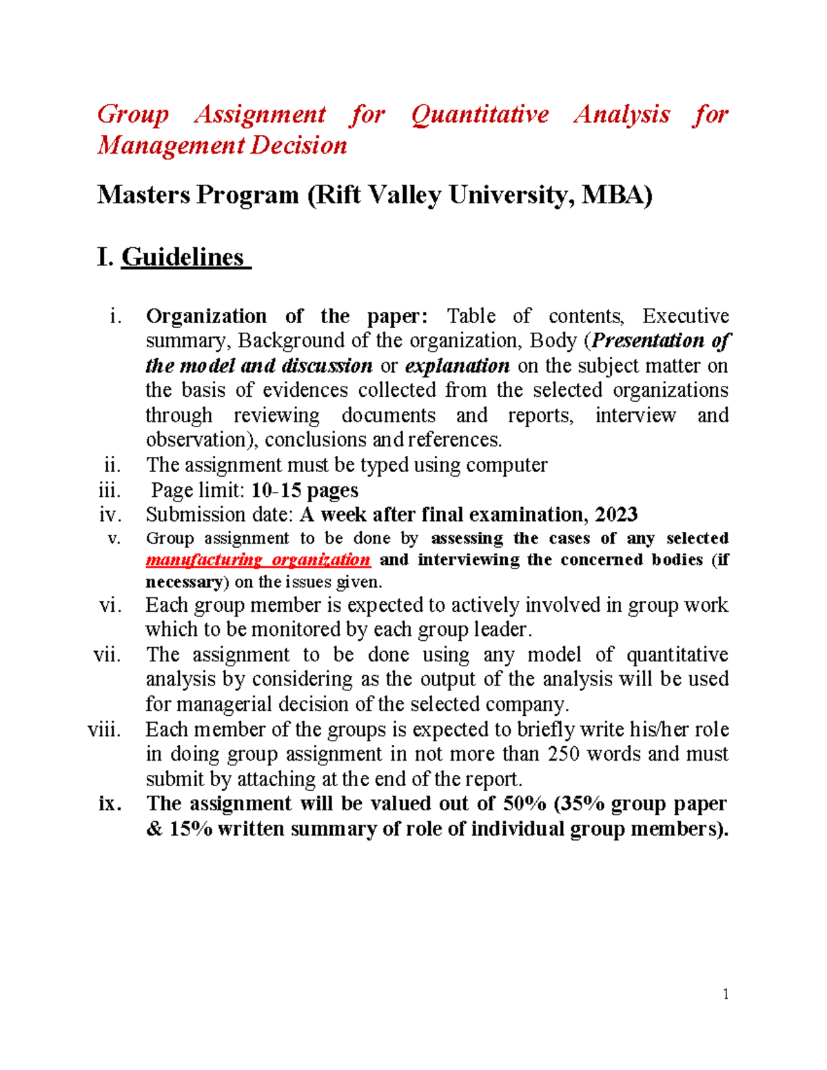 Group Assignment Guidelines for Quantitative Analysis (MBA) 2023 - Studocu