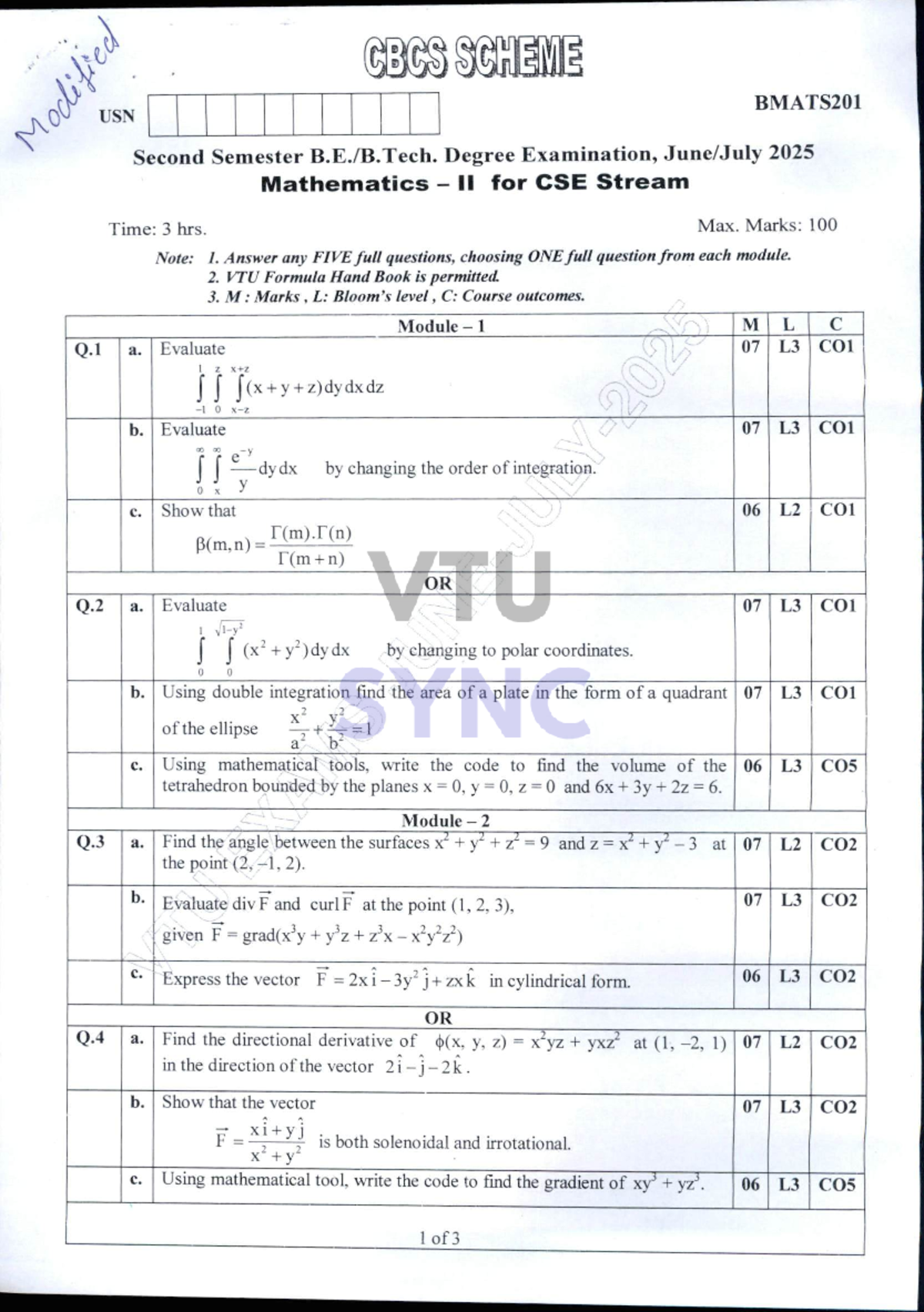 Modified Mathematics II Exam Paper for CSE Stream (BMATS201) - 2025 ...