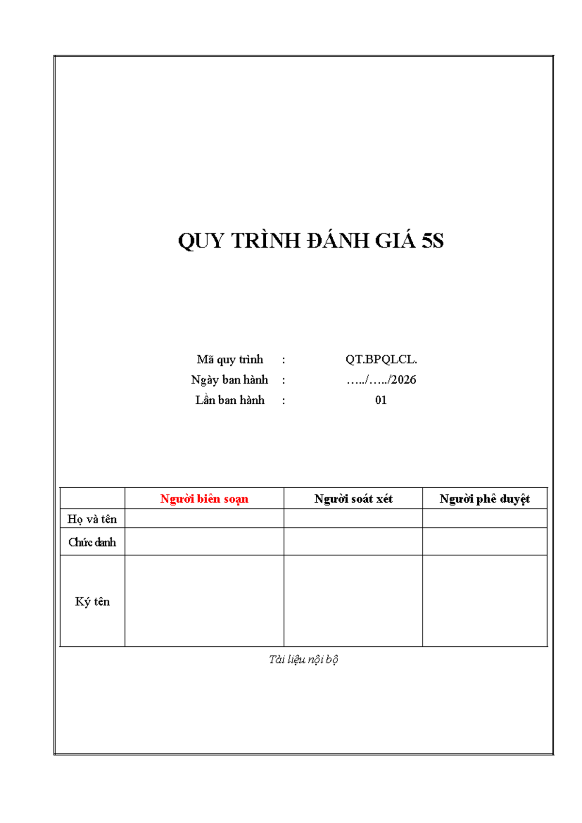 QUY TRÌNH ĐÁNH GIÁ 5S - QT.BPQLCL - Hướng Dẫn Chi Tiết - Studocu
