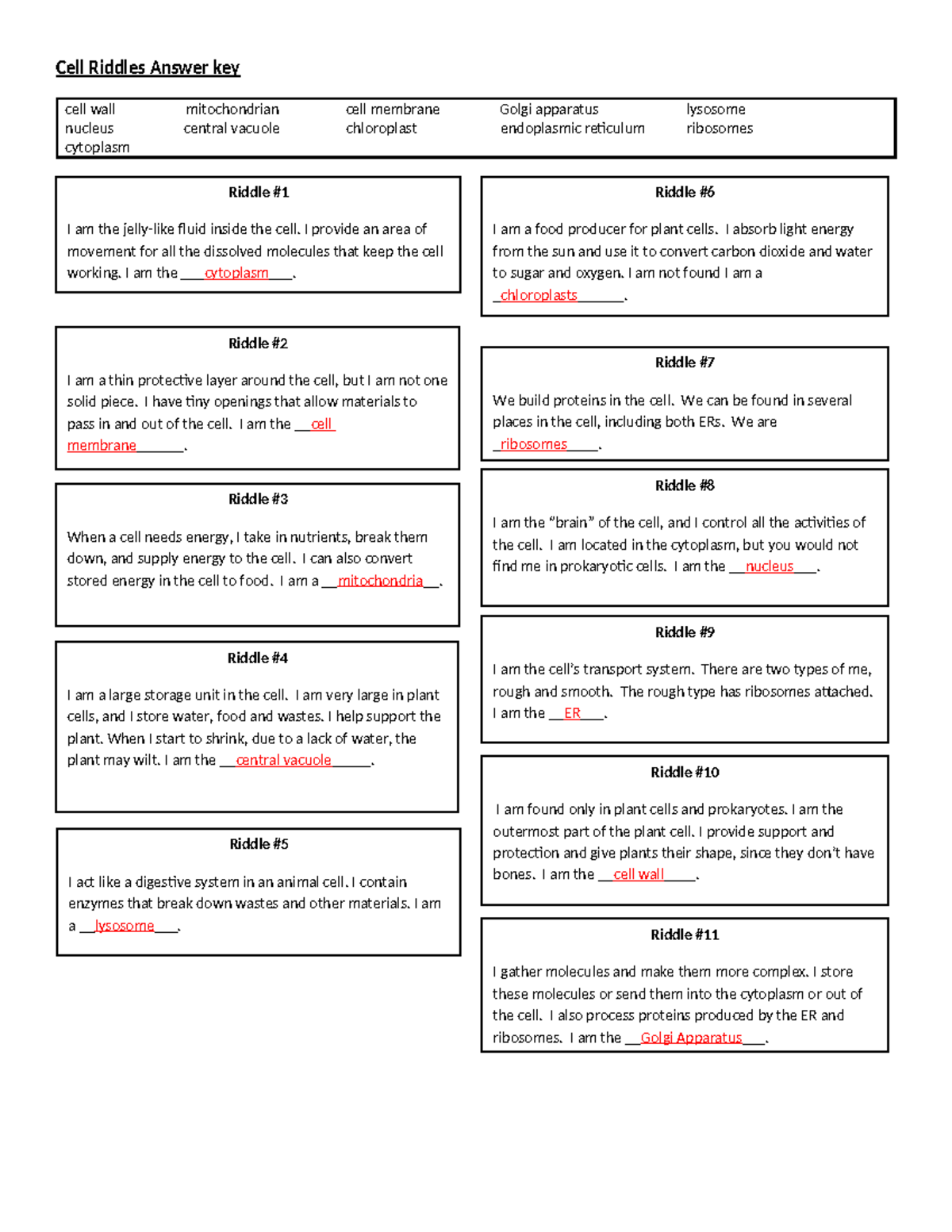 Cell Riddles Answer Key for Biology Studies - Studocu