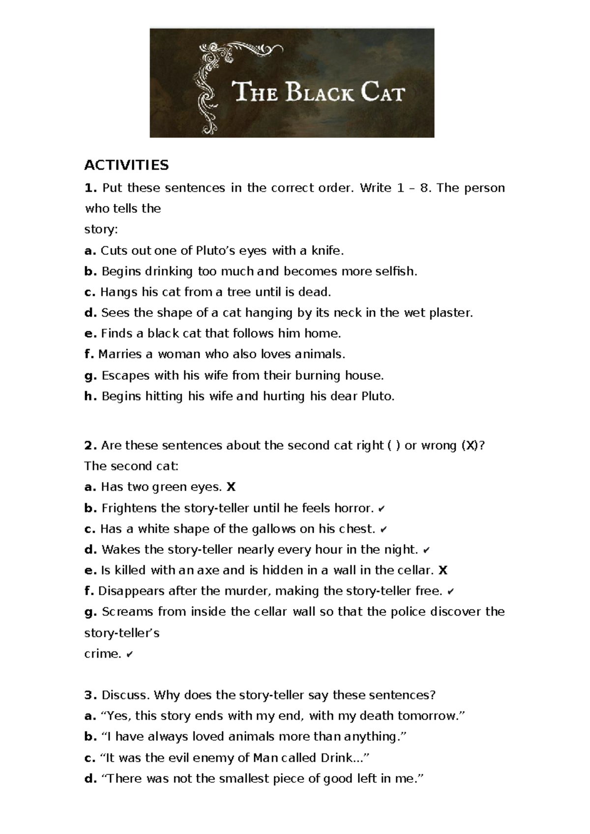 The black cat - activities and discussion questions for analysis - Studocu