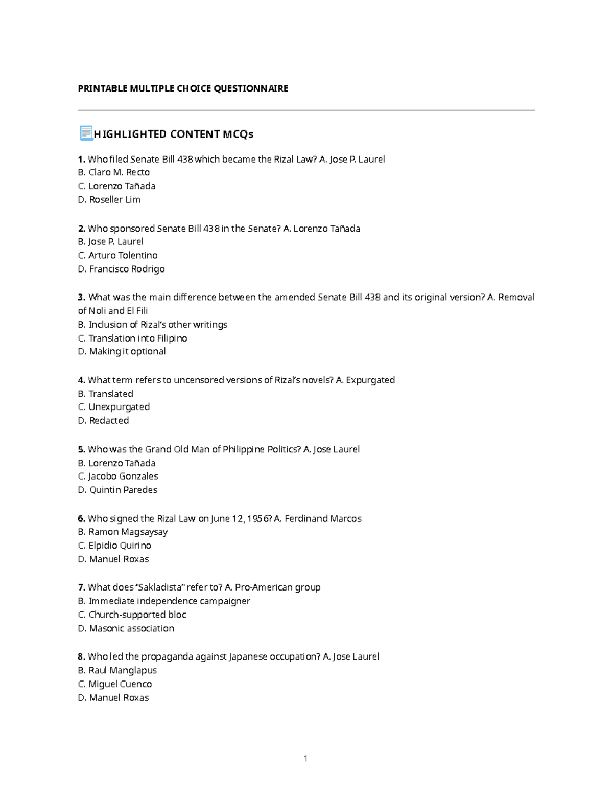 Rizal Law MCQs Review - Printable Questionnaire for Exam - Studocu