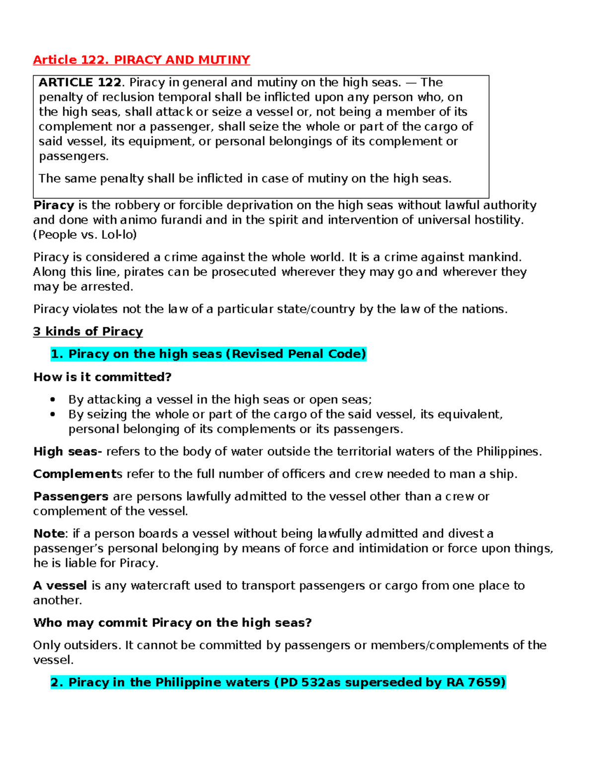 Module 3 5 Additional notes - Article 122. PIRACY AND MUTINY ARTICLE ...