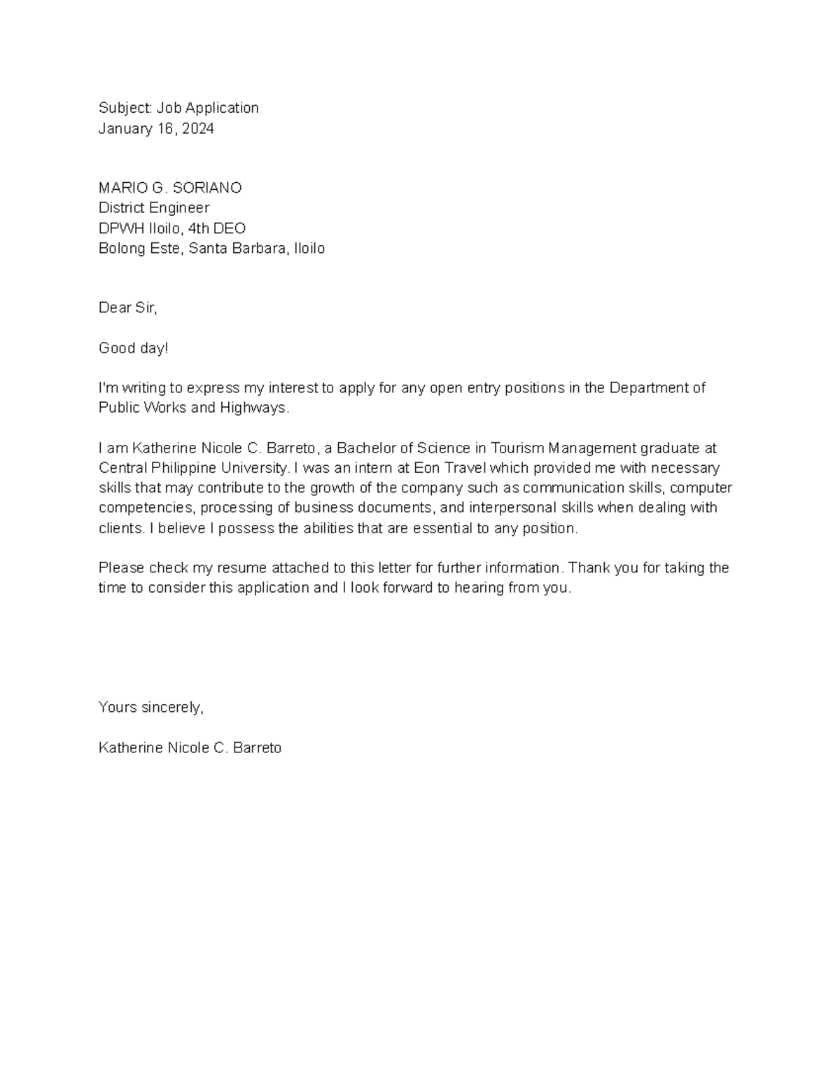 Job Application for Entry Position at DPWH - Katherine Barreto - Studocu
