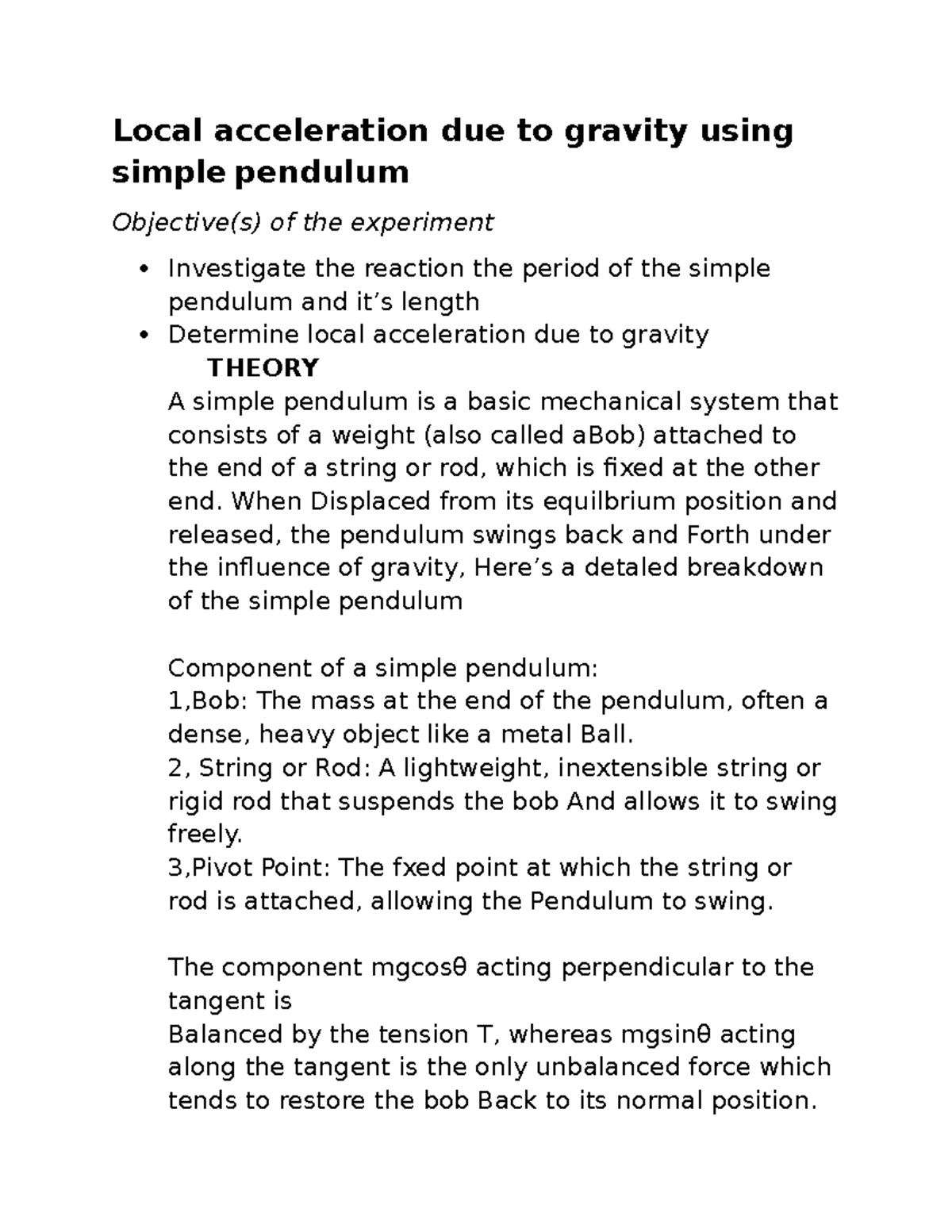 Sinple pendulum (more organized) - Local acceleration due to gravity ...