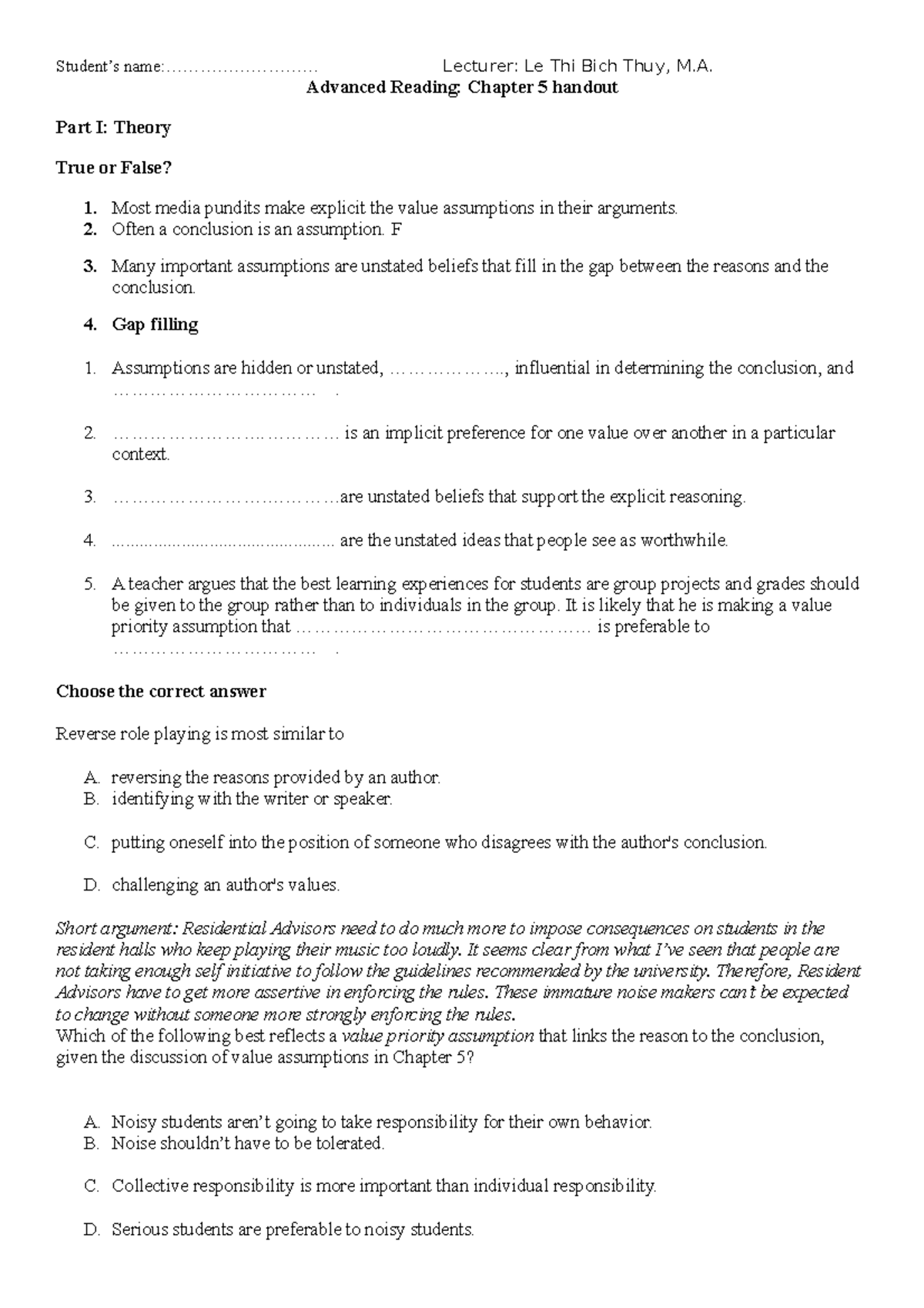 Chapter 5handout - how to find assumptions in an argument - Student’s - Studocu