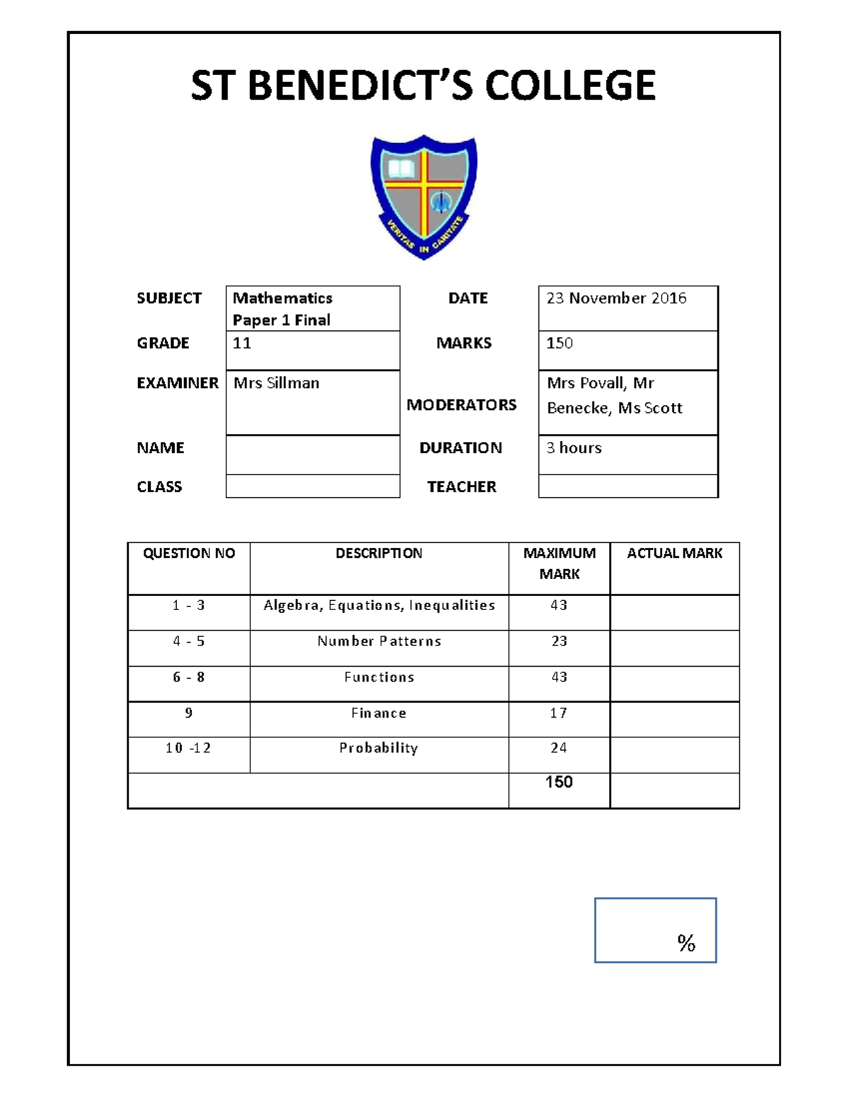 Mathematics Grade 11 Paper 1 Final Exam - November 2016 - Studocu