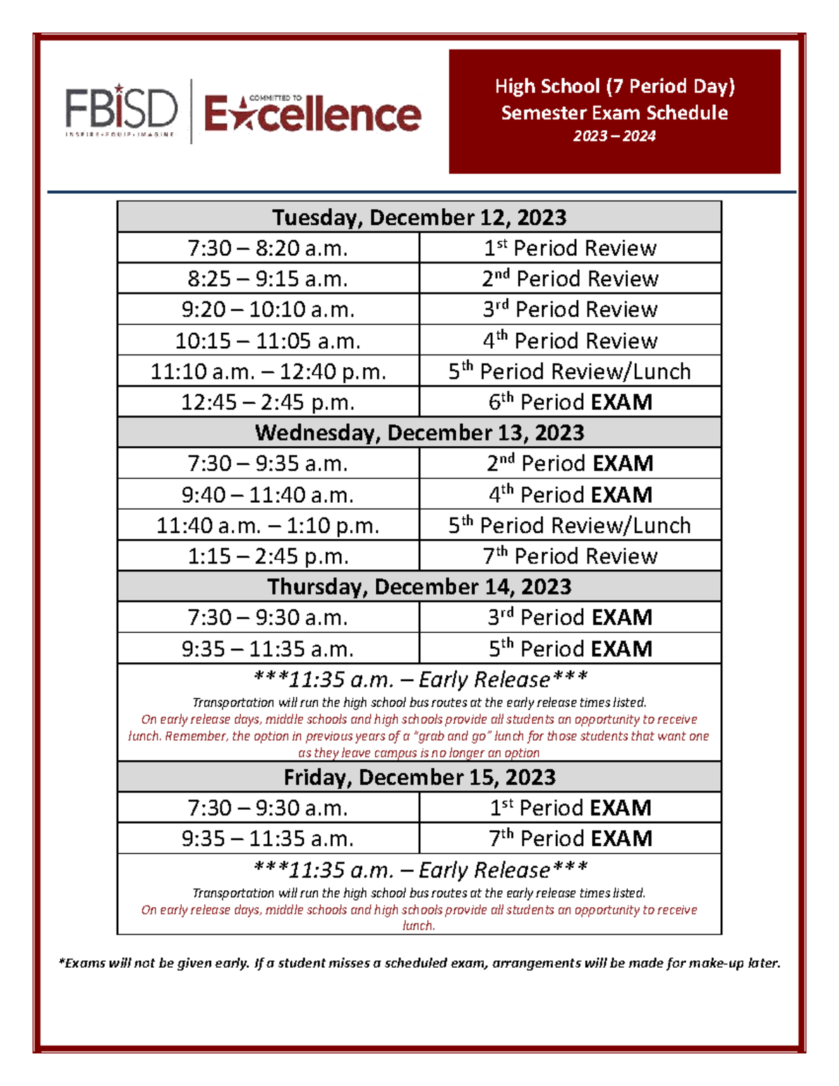 Fall 2023 High School Semester Exam Schedule - Studocu