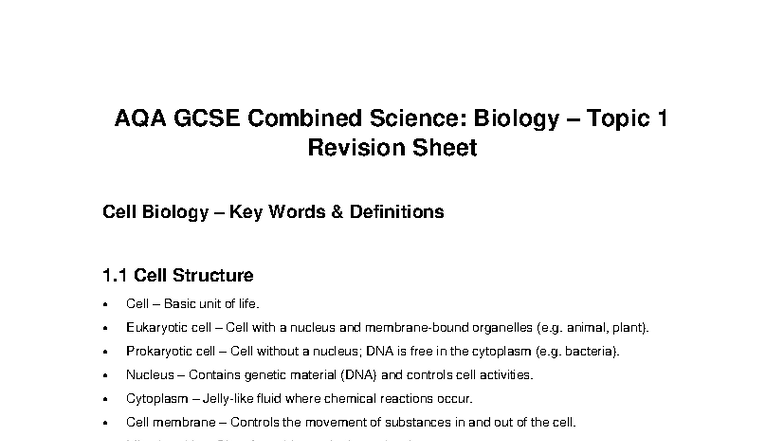 AQA GCSE Biology Topic 1: Cell Biology Key Terms Revision Sheet - Studocu