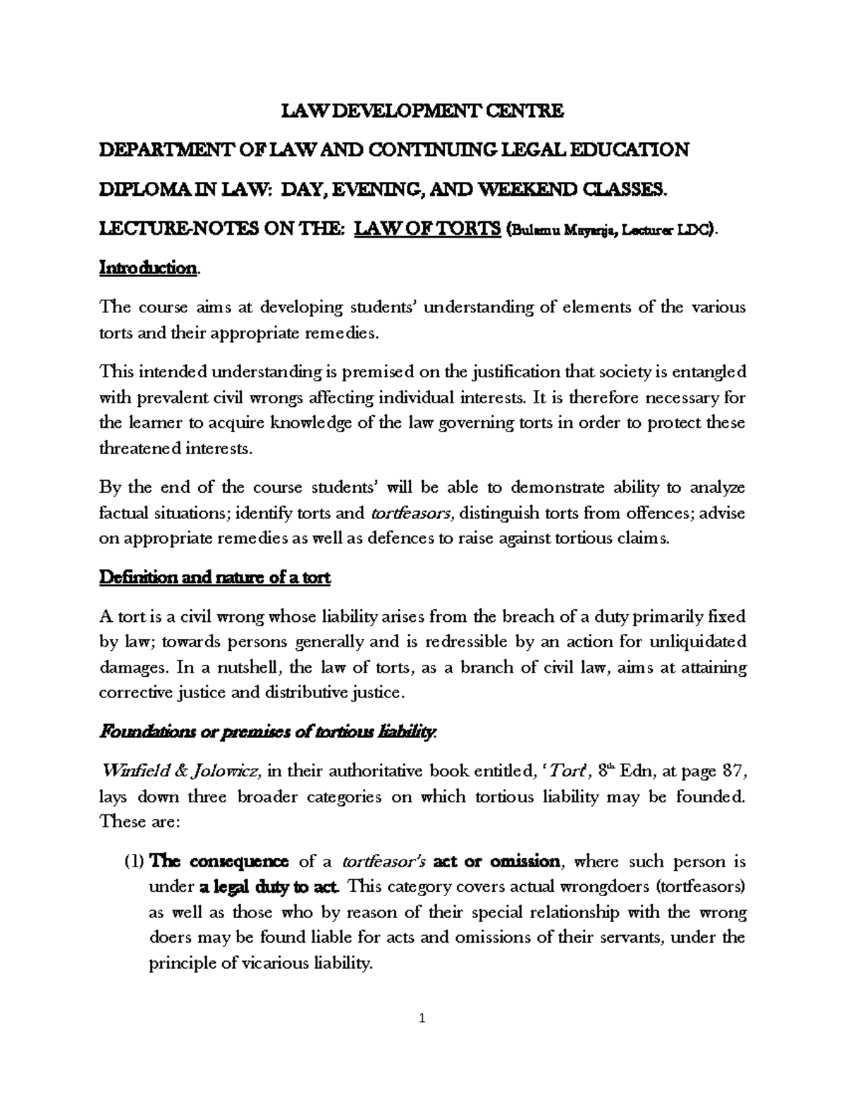 BM - Notes on the Law of Torts: Understanding Civil Wrongs and Remedies ...
