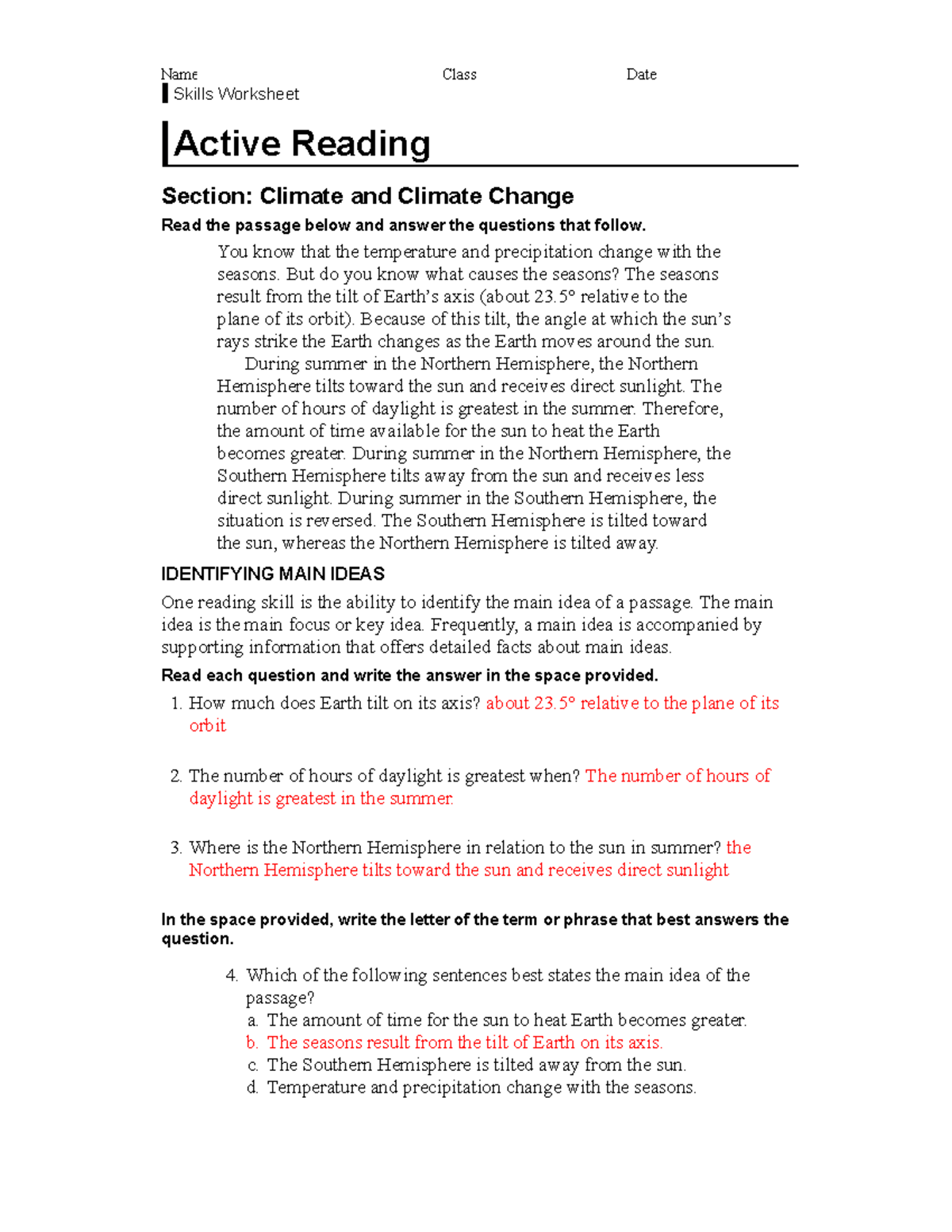 Climate Change Worksheet: Understanding Seasons and Sunlight - Studocu