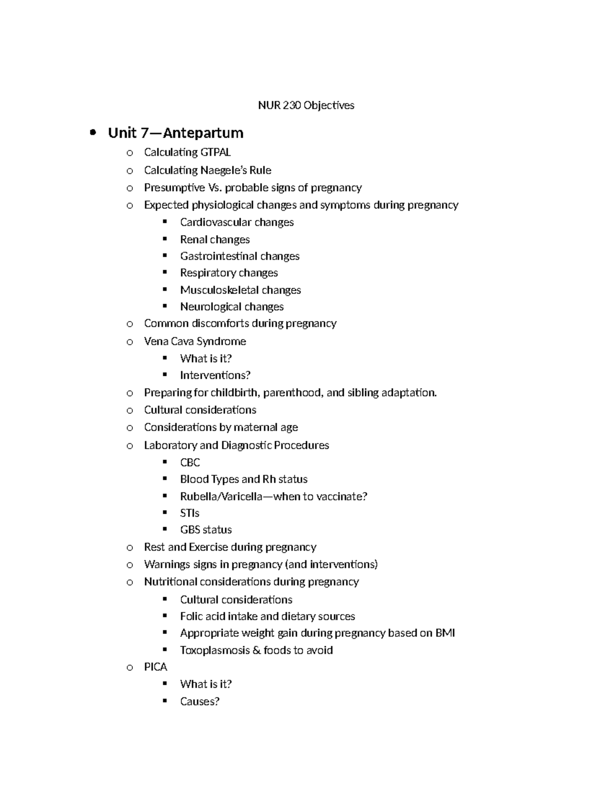NUR 230 Unit 7-9 Objectives (1)-1 - NUR 230 Objectives Unit 7 ...
