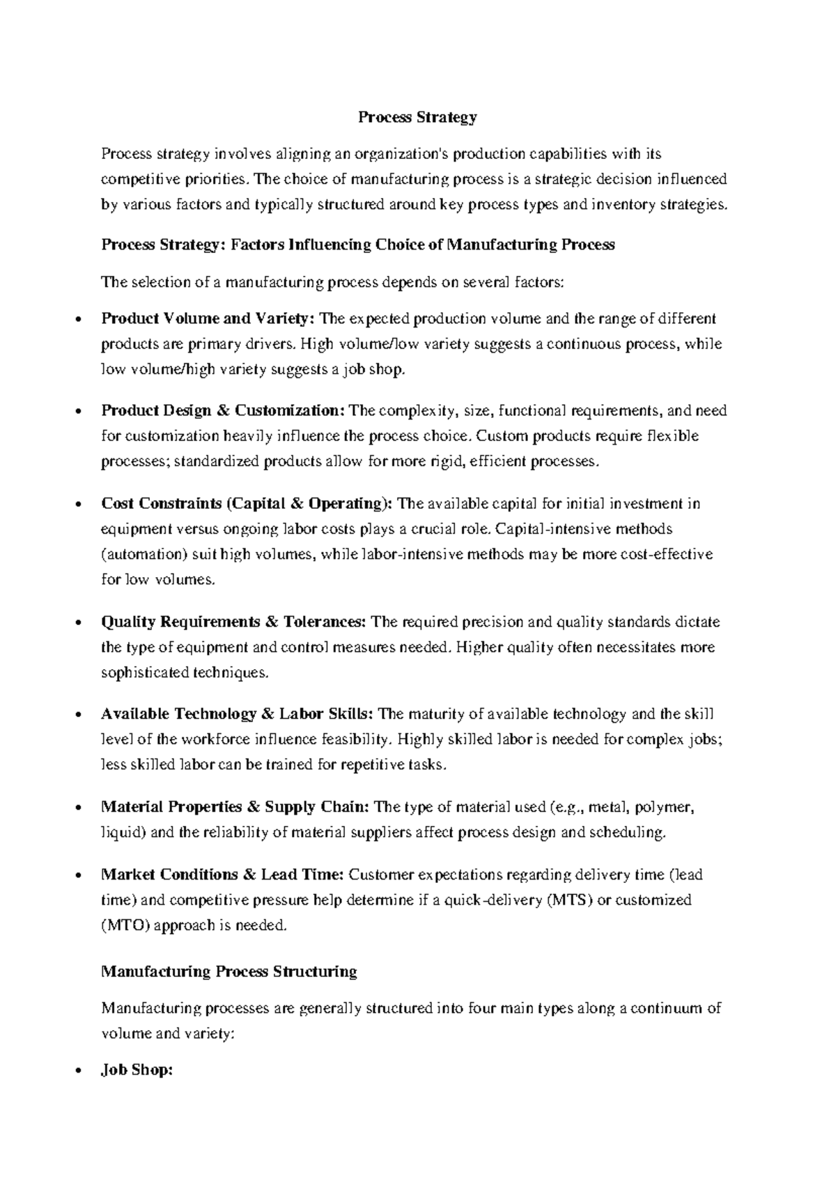Process Strategy Notes (Module 2): Aligning Production with Priorities ...