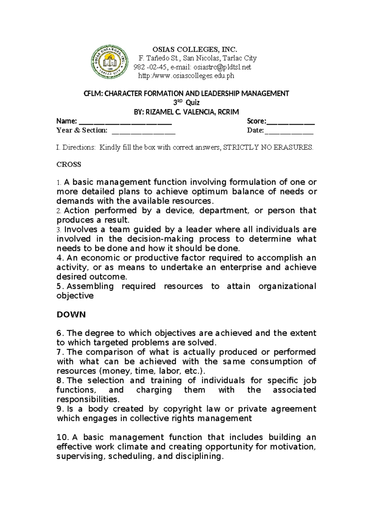 CFLM: Character Formation and Leadership Management 3rd Quiz - Studocu