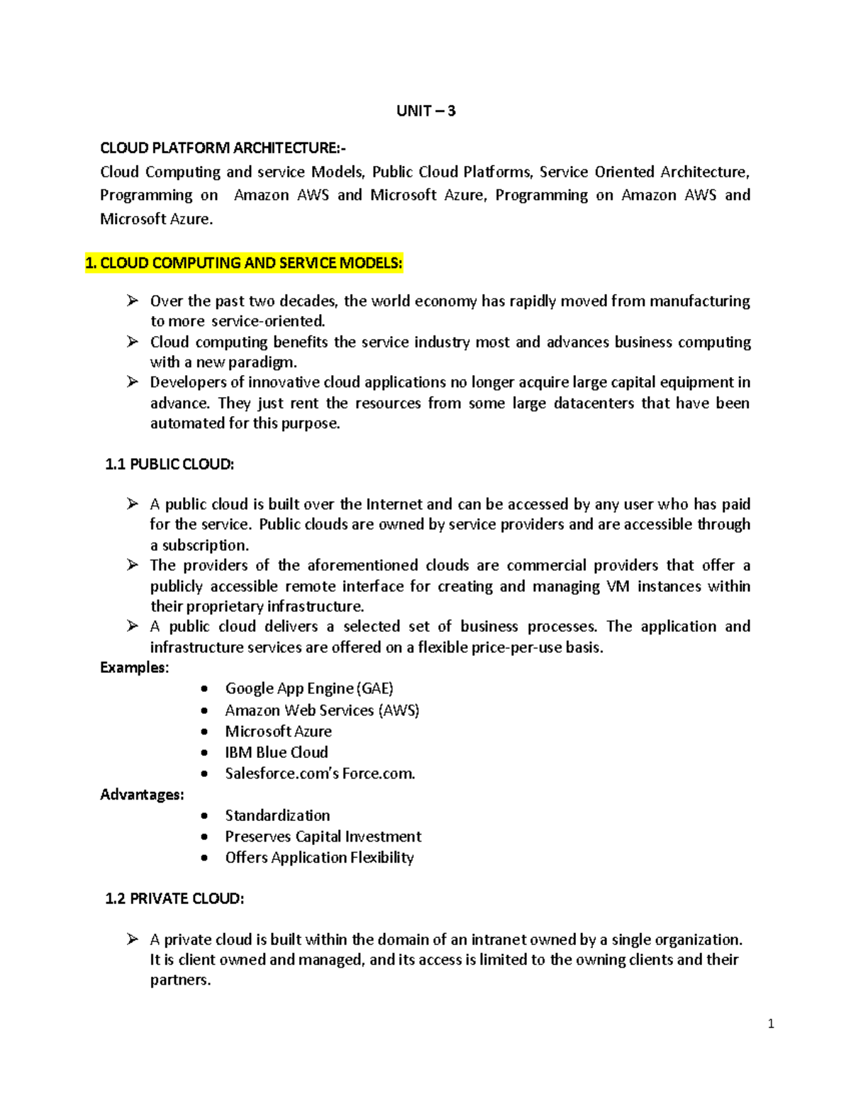 Cloud Computing - Unit 3: Architecture, Models, and Platforms - Studocu