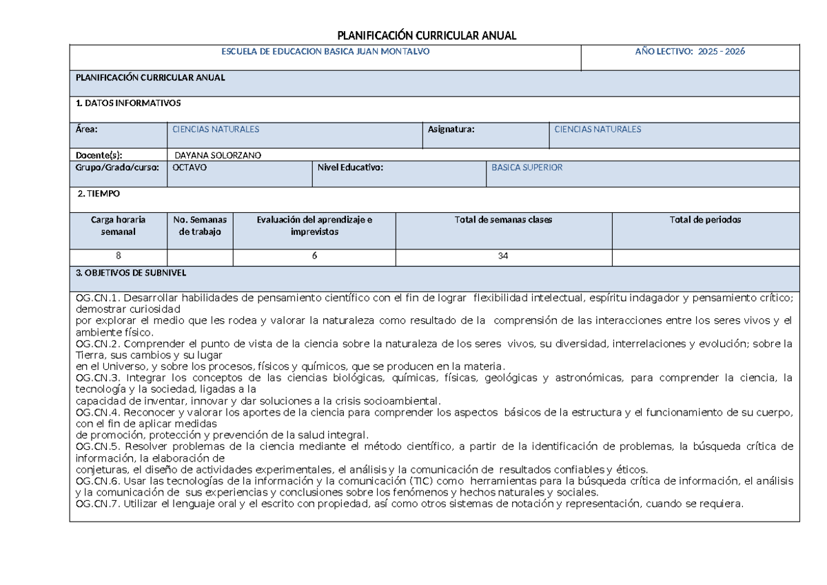 PCA 8VO CCNN - PLANIFICACIÓN CURRICULAR ANUAL 2025-2026 - Studocu