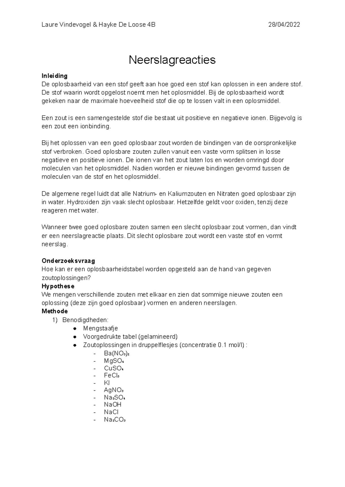 Chemie ZW2 Verslag: Neerslagreacties en Oplosbaarheidstabel - Studocu