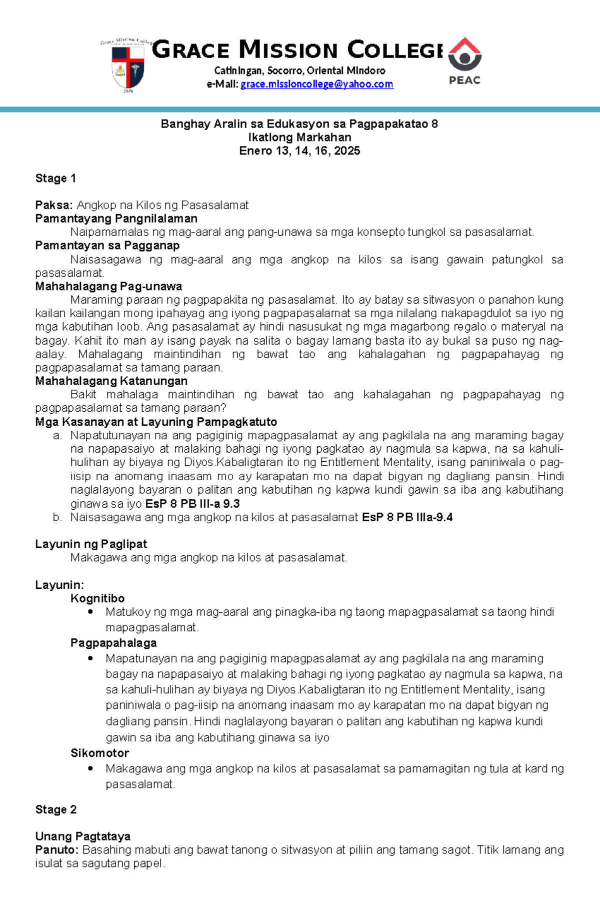 LP-Q3 W2 Es P8 - A lesson plan for Edukasyon sa Pagpapakatao Grade 8 ...