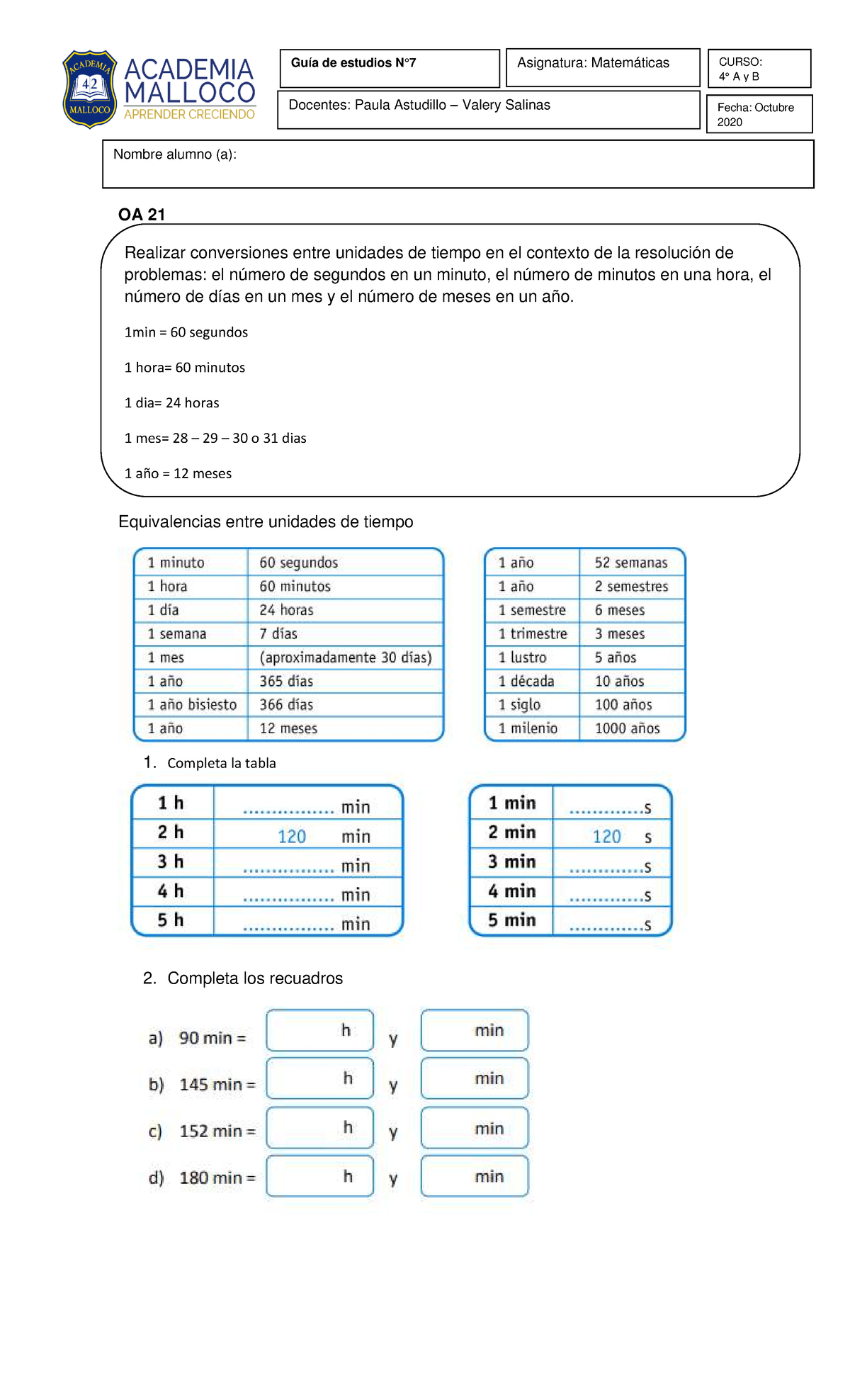 Guia 7 matematica 4 - guia matemático ejercicios de medida de tiempo ...
